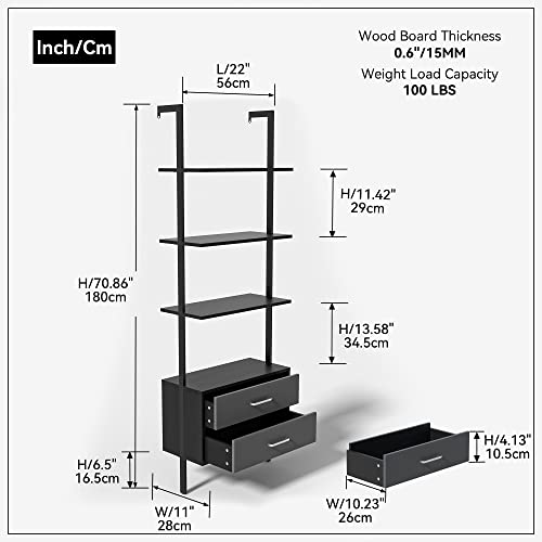 KEVINSPACE 4 Tier Ladder Shelf, Wall Mounted Ladder Bookshelf with 2 Drawers, Modern Bookcase with Industrial Metal Frame, Wooden Storage Display Shelves for Living Room Bedroom Office, Black&Grey