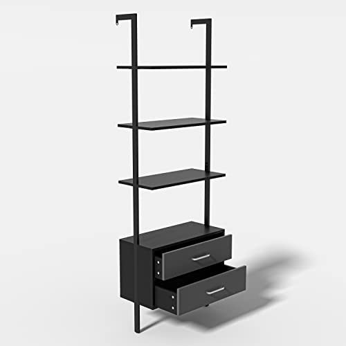 KEVINSPACE 4 Tier Ladder Shelf, Wall Mounted Ladder Bookshelf with 2 Drawers, Modern Bookcase with Industrial Metal Frame, Wooden Storage Display Shelves for Living Room Bedroom Office, Black&Grey