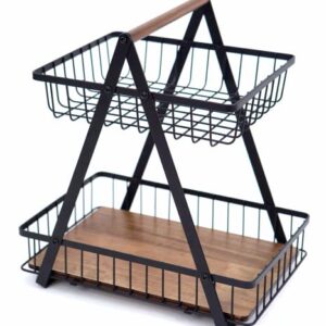 Emerson Ergonomics 2-Tier Large Fruit Basket || Wood Metal Bread Basket || Kitchen Countertop Fruit Bowl