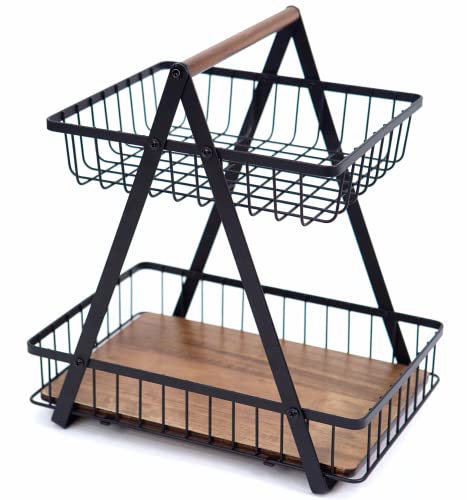 Emerson Ergonomics 2-Tier Large Fruit Basket || Wood Metal Bread Basket || Kitchen Countertop Fruit Bowl