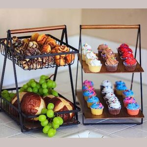 Emerson Ergonomics 2-Tier Large Fruit Basket || Wood Metal Bread Basket || Kitchen Countertop Fruit Bowl