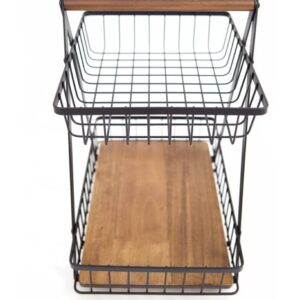 Emerson Ergonomics 2-Tier Large Fruit Basket || Wood Metal Bread Basket || Kitchen Countertop Fruit Bowl