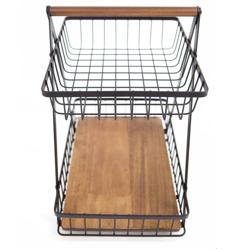 Emerson Ergonomics 2-Tier Large Fruit Basket || Wood Metal Bread Basket || Kitchen Countertop Fruit Bowl