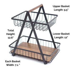 Emerson Ergonomics 2-Tier Large Fruit Basket || Wood Metal Bread Basket || Kitchen Countertop Fruit Bowl