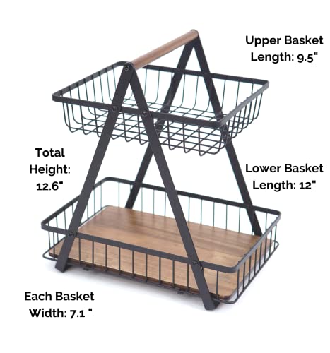 Emerson Ergonomics 2-Tier Large Fruit Basket || Wood Metal Bread Basket || Kitchen Countertop Fruit Bowl