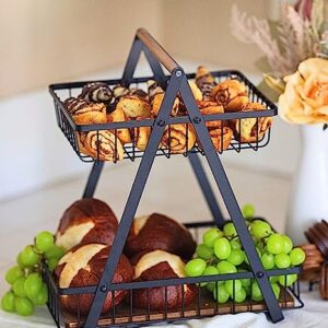 Emerson Ergonomics 2-Tier Large Fruit Basket || Wood Metal Bread Basket || Kitchen Countertop Fruit Bowl