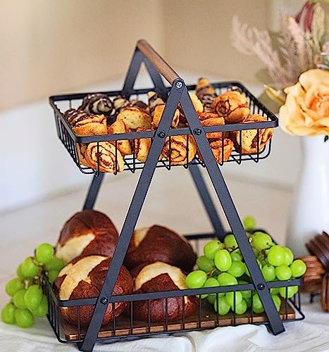 Emerson Ergonomics 2-Tier Large Fruit Basket || Wood Metal Bread Basket || Kitchen Countertop Fruit Bowl