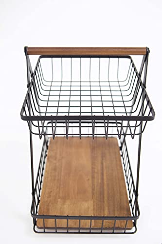 Emerson Ergonomics 2-Tier Large Fruit Basket || Wood Metal Bread Basket || Kitchen Countertop Fruit Bowl