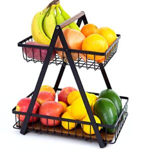 Emerson Ergonomics 2-Tier Large Fruit Basket || Wood Metal Bread Basket || Kitchen Countertop Fruit Bowl