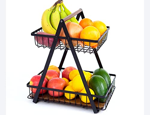 Emerson Ergonomics 2-Tier Large Fruit Basket || Wood Metal Bread Basket || Kitchen Countertop Fruit Bowl