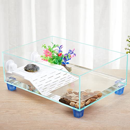 LAQUAL Ultra Clear Glass Turtle Tank (3 Gal), 360° View Rimless Glass Tank for Baby Turtles 2-3 Inches, Small Turtle Aquarium with Turtle Basking Platform, Easy to Clean & Change Water