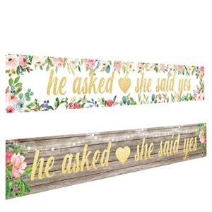 he asked she said yes backdrop banner decorations, large wedding engagement party sign supplies, bridal shower photo booth props decor (9.8x1.6ft, 2pcs)