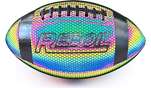 REBOIL Holographic Glowing Football–Light Up with Camera Flash–Advance Reflective Composite Leather - HoloHoops Gifts Toys for Outdoor Night Game–Official Size. (Size 7)