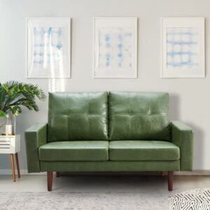 PEIHONGET Faux Leather Sofa Couch, Mid Century Modern Sofas for Living Room with High-Density Foam, Loveseat Sofa Furniture with Solid Wood Legs & Padded Cushions for Bedroom, Apartment (Green)