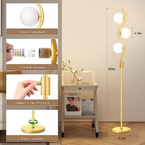 bulbeats Dimmable Gold Floor Lamp, 3 Globe Tall Standing Lamps for Living Room with 3PCS 3000K G9 Bulbs, Frosted Shades, Mid Century Modern Floor Lamp for Bedroom Office Home Decor