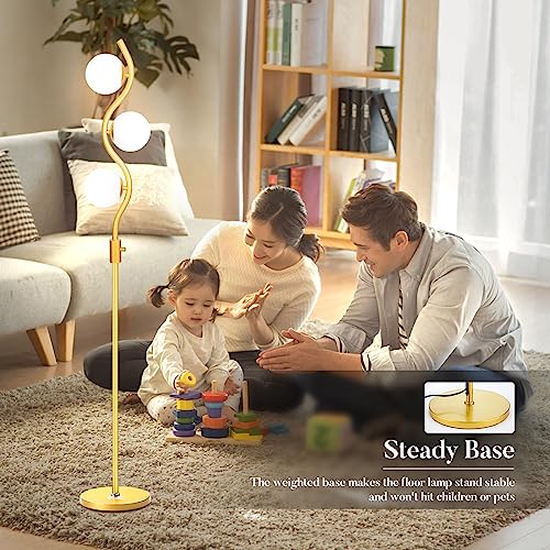 bulbeats Dimmable Gold Floor Lamp, 3 Globe Tall Standing Lamps for Living Room with 3PCS 3000K G9 Bulbs, Frosted Shades, Mid Century Modern Floor Lamp for Bedroom Office Home Decor