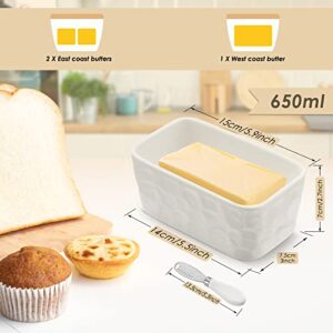 Ceramic Butter Dish with Lid and Knife, Porcelain Butter Container for Countertop, Butter Holder Keeper Double Silicone Seals, Perfect for West or East Coast Butter