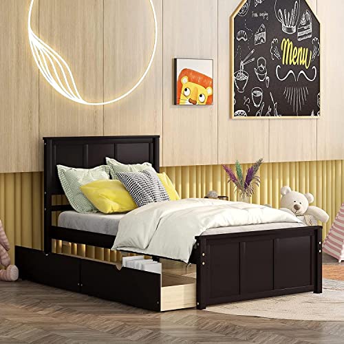 Twin Bed Frame with Drawers , Kids Twin Bed Frame, Wood Twin Platform Bed with Headboard , Twin Storage Bed ,No Box Spring Needed ,Espresso