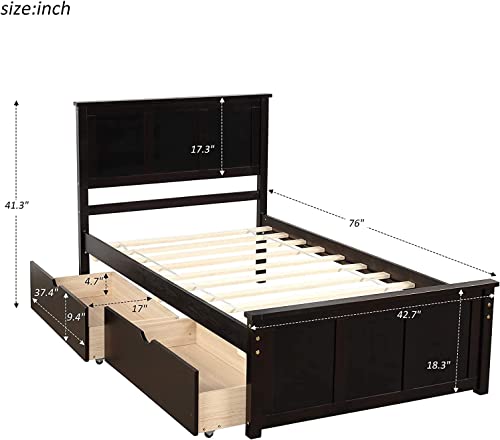 Twin Bed Frame with Drawers , Kids Twin Bed Frame, Wood Twin Platform Bed with Headboard , Twin Storage Bed ,No Box Spring Needed ,Espresso