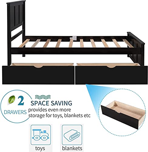 Twin Bed Frame with Drawers , Kids Twin Bed Frame, Wood Twin Platform Bed with Headboard , Twin Storage Bed ,No Box Spring Needed ,Espresso