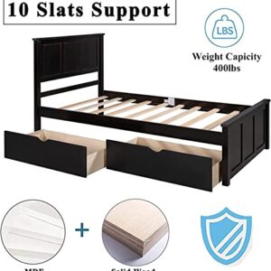 Twin Bed Frame with Drawers , Kids Twin Bed Frame, Wood Twin Platform Bed with Headboard , Twin Storage Bed ,No Box Spring Needed ,Espresso