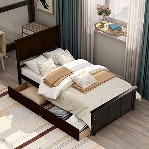 Twin Bed Frame with Drawers , Kids Twin Bed Frame, Wood Twin Platform Bed with Headboard , Twin Storage Bed ,No Box Spring Needed ,Espresso