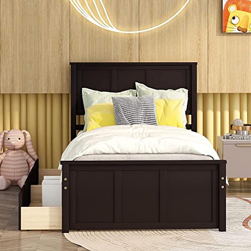 Twin Bed Frame with Drawers , Kids Twin Bed Frame, Wood Twin Platform Bed with Headboard , Twin Storage Bed ,No Box Spring Needed ,Espresso