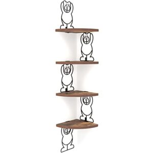 vasemouh corner floating shelf with unique bear iron decor, 4 tier wall mount wood rustic shelves for bathroom, living room, bedroom, nursery, office