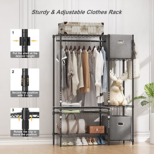 Likein Heavy Duty Clothes Rack, Metal Clothing Rack with Shelves and 2 Fabric Drawers, 6 Tiers Clothing Racks for Hanging Clothes Garment Rack Free Standing Clothes Racks