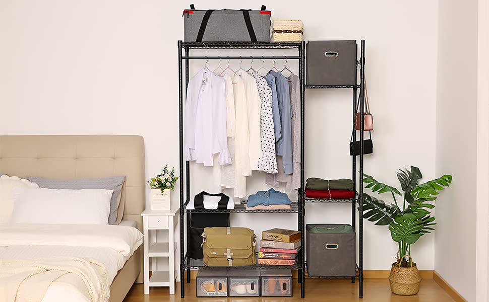 Likein Heavy Duty Clothes Rack, Metal Clothing Rack with Shelves and 2 Fabric Drawers, 6 Tiers Clothing Racks for Hanging Clothes Garment Rack Free Standing Clothes Racks