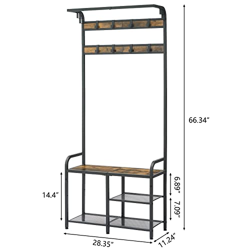 Tajsoon Coat Rack, Hall Tree with Bench and Shoe Storage, Coat Rack Shoe Bench, 3-in-1 Shoe Rack and Coat Rack for Entryway, 11.24 X 28.35 X 66.34 Inches, Metal, Rustic Brown and Black