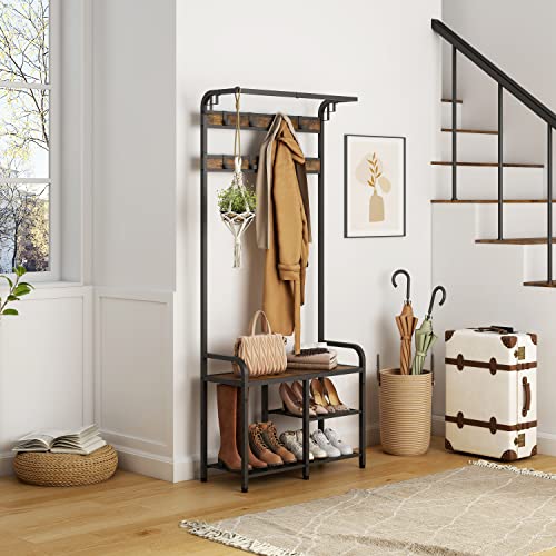 Tajsoon Coat Rack, Hall Tree with Bench and Shoe Storage, Coat Rack Shoe Bench, 3-in-1 Shoe Rack and Coat Rack for Entryway, 11.24 X 28.35 X 66.34 Inches, Metal, Rustic Brown and Black