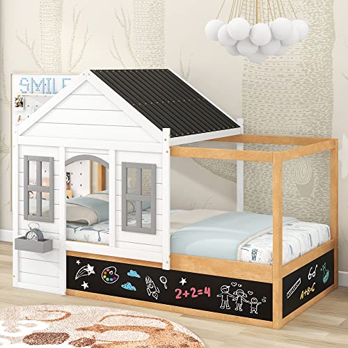 CKLMMC Twin Size House Shaped Canopy Bed with Black Roof and White Window,Blackboard Little Shelf, Wood Platform for Kids, Teens, Girls & Boys, Can Be Decorated (White#Canopy*H), House Canopy Bed