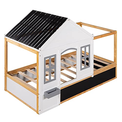 CKLMMC Twin Size House Shaped Canopy Bed with Black Roof and White Window,Blackboard Little Shelf, Wood Platform for Kids, Teens, Girls & Boys, Can Be Decorated (White#Canopy*H), House Canopy Bed