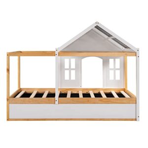 CKLMMC Twin Size House Shaped Canopy Bed with Black Roof and White Window,Blackboard Little Shelf, Wood Platform for Kids, Teens, Girls & Boys, Can Be Decorated (White#Canopy*H), House Canopy Bed