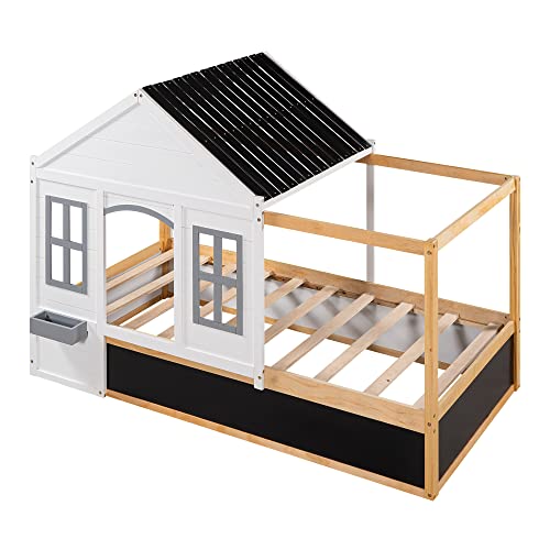 CKLMMC Twin Size House Shaped Canopy Bed with Black Roof and White Window,Blackboard Little Shelf, Wood Platform for Kids, Teens, Girls & Boys, Can Be Decorated (White#Canopy*H), House Canopy Bed