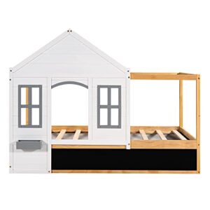 CKLMMC Twin Size House Shaped Canopy Bed with Black Roof and White Window,Blackboard Little Shelf, Wood Platform for Kids, Teens, Girls & Boys, Can Be Decorated (White#Canopy*H), House Canopy Bed