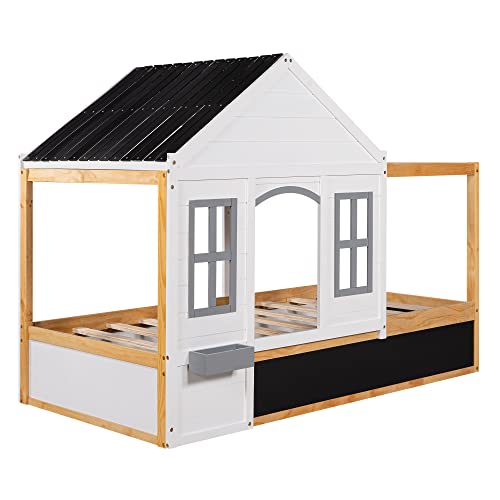 CKLMMC Twin Size House Shaped Canopy Bed with Black Roof and White Window,Blackboard Little Shelf, Wood Platform for Kids, Teens, Girls & Boys, Can Be Decorated (White#Canopy*H), House Canopy Bed