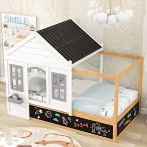 CKLMMC Twin Size House Shaped Canopy Bed with Black Roof and White Window,Blackboard Little Shelf, Wood Platform for Kids, Teens, Girls & Boys, Can Be Decorated (White#Canopy*H), House Canopy Bed