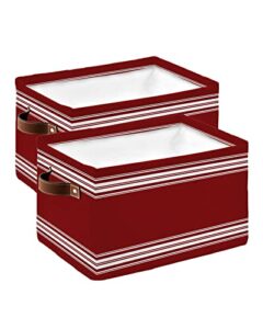 storage cubes organizer with handles, rustic farmhouse storage bins fabric collapsible storage baskets for shelf closet nursery cloth organizers box burgundy stripes 2pcs-15x11x9.5in