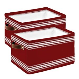 Storage Cubes Organizer with Handles, Rustic Farmhouse Storage Bins Fabric Collapsible Storage Baskets for Shelf Closet Nursery Cloth Organizers Box Burgundy Stripes 2pcs-15x11x9.5in