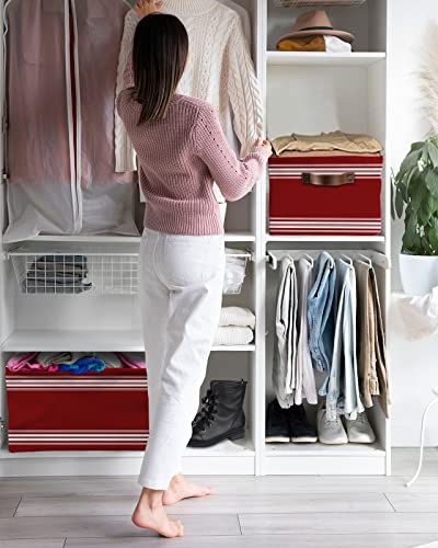 Storage Cubes Organizer with Handles, Rustic Farmhouse Storage Bins Fabric Collapsible Storage Baskets for Shelf Closet Nursery Cloth Organizers Box Burgundy Stripes 2pcs-15x11x9.5in