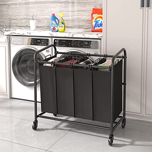 Wisdom Star 4 Bag Laundry Sorter Cart, Laundry Hamper Sorter with Heavy Duty Rolling Wheels and Removable Bags for Clothes Storage,Laundry Organizer Laundry Basket Laundry Clothes Hamper, Black