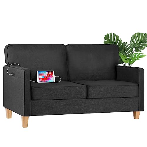 AODAILIHB 57" W Loveseat Sofa with 2 USB Charging Ports & Wide Pillows, Upholstered Comfy Couches for Bedroom Living Room Office Apartment, Small Space (1, Dark Grey)