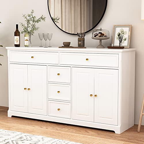 Homsee Modern Sideboard Kitchen Buffet Cabinet with 4 Doors, 5 Drawers & 4 Storage Compartments, Wood Console Table TV Stand for Living Room, White (59.1”W x 15.7”D x 33.5”H)