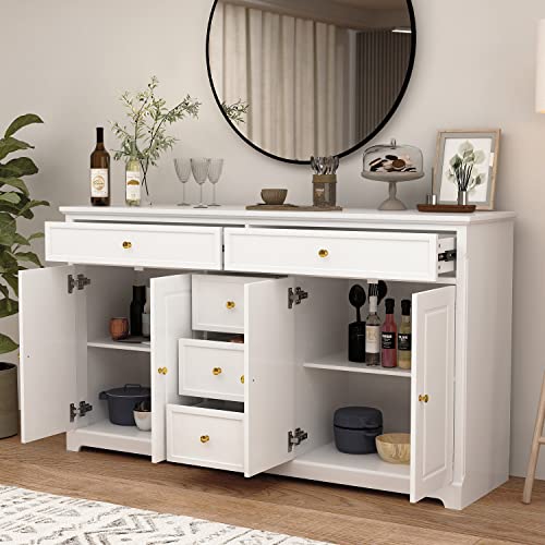 Homsee Modern Sideboard Kitchen Buffet Cabinet with 4 Doors, 5 Drawers & 4 Storage Compartments, Wood Console Table TV Stand for Living Room, White (59.1”W x 15.7”D x 33.5”H)