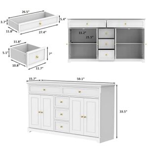 Homsee Modern Sideboard Kitchen Buffet Cabinet with 4 Doors, 5 Drawers & 4 Storage Compartments, Wood Console Table TV Stand for Living Room, White (59.1”W x 15.7”D x 33.5”H)