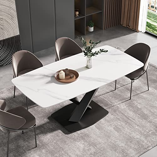 Modern Dining Table, White Sintered Stone Tabletop Dining Table with X-Shaped Solid Carbon Steel Base, 70.8" Rectangular Dining Room Table for 6-8