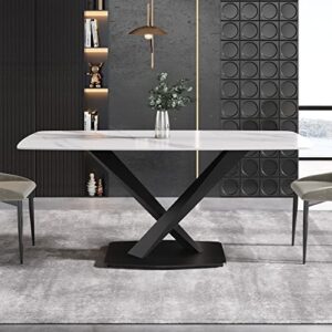 Modern Dining Table, White Sintered Stone Tabletop Dining Table with X-Shaped Solid Carbon Steel Base, 70.8" Rectangular Dining Room Table for 6-8