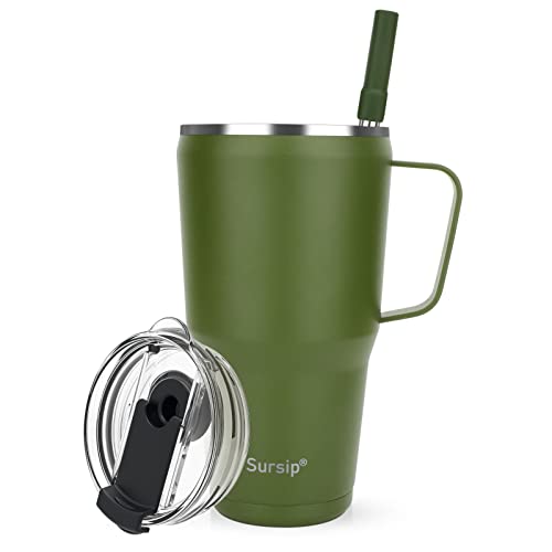 Sursip 30 oz Mug Tumbler with Screw Lid - Stainless Steel Vacuum Insulated Cup with Straw and Handle, Keeps Drinks Cold up to 24 Hours - Leak Proof, Dishwasher Safe, Fit Car Cup Holder (Olive Green)